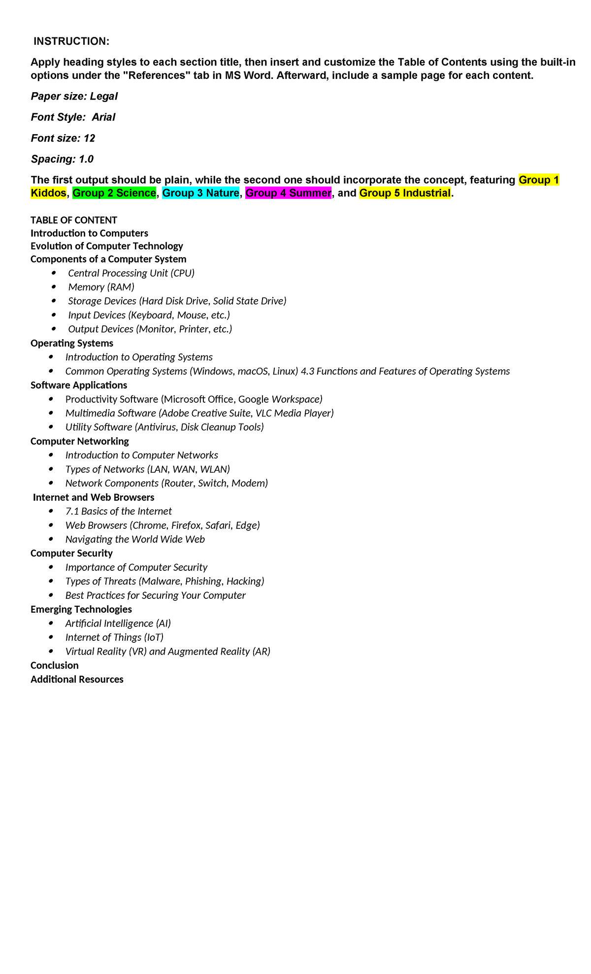 Table of Content - Afterward, include a sample page for each content ...