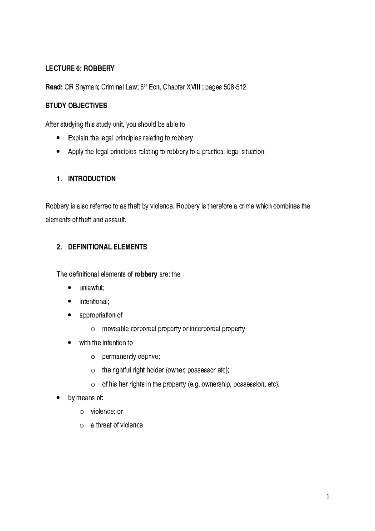 Lecture 6 - Understanding Robbery in Criminal Law (CRN: JOHN NEL) - Studocu