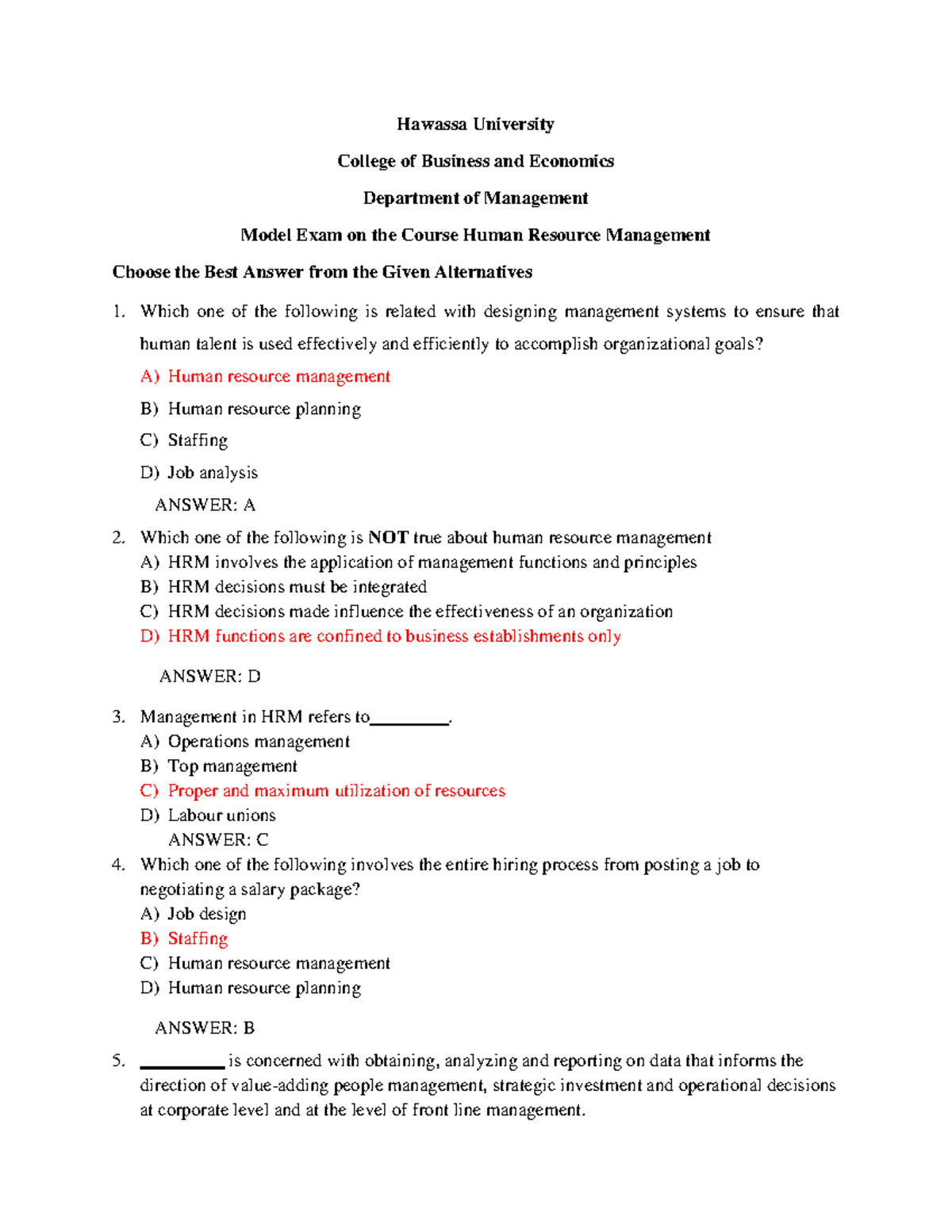 HRM Model Exam - Human Resource Management (HRM 101) - Studocu