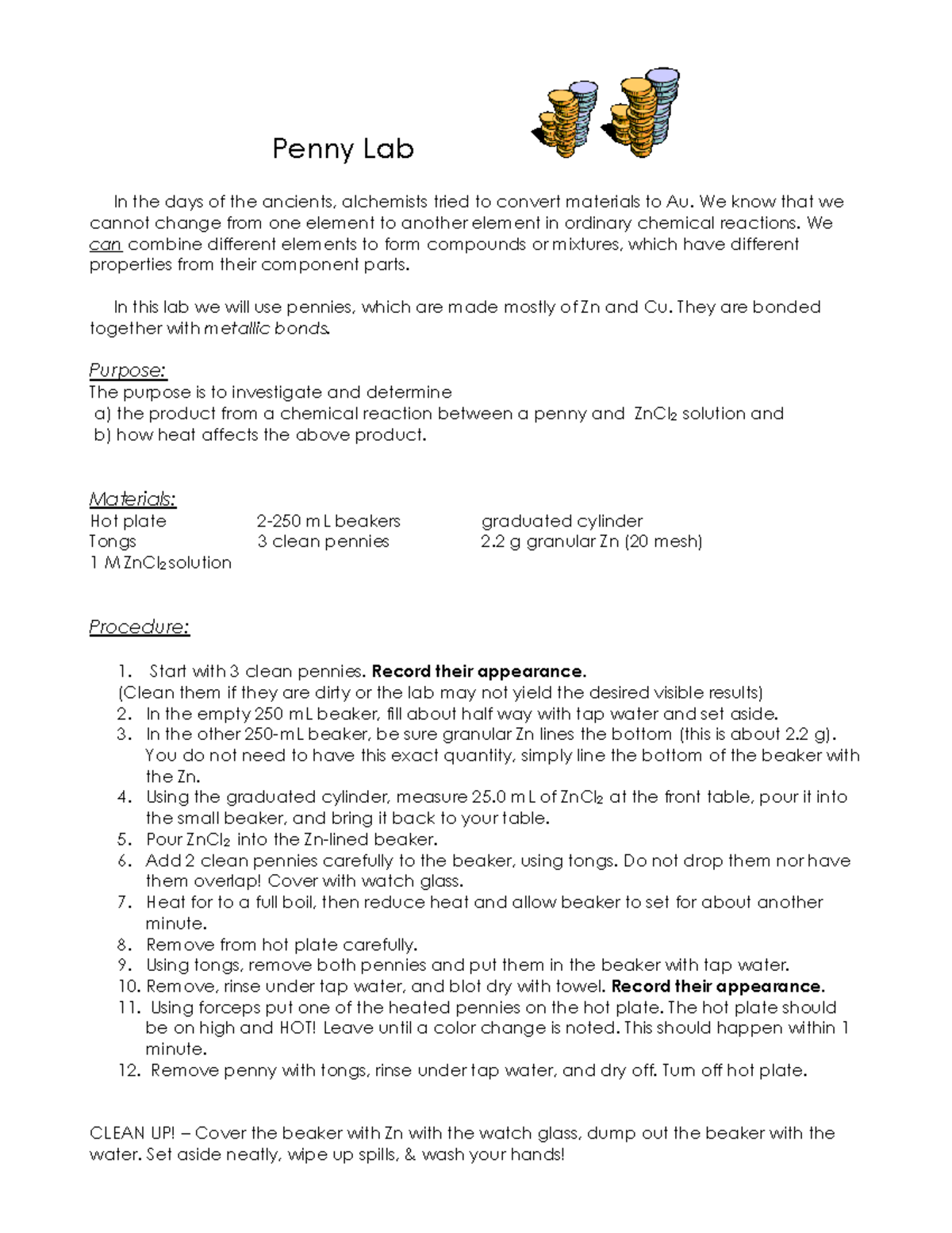 Penny Lab - Chemistry - Penny Lab In the days of the ancients ...