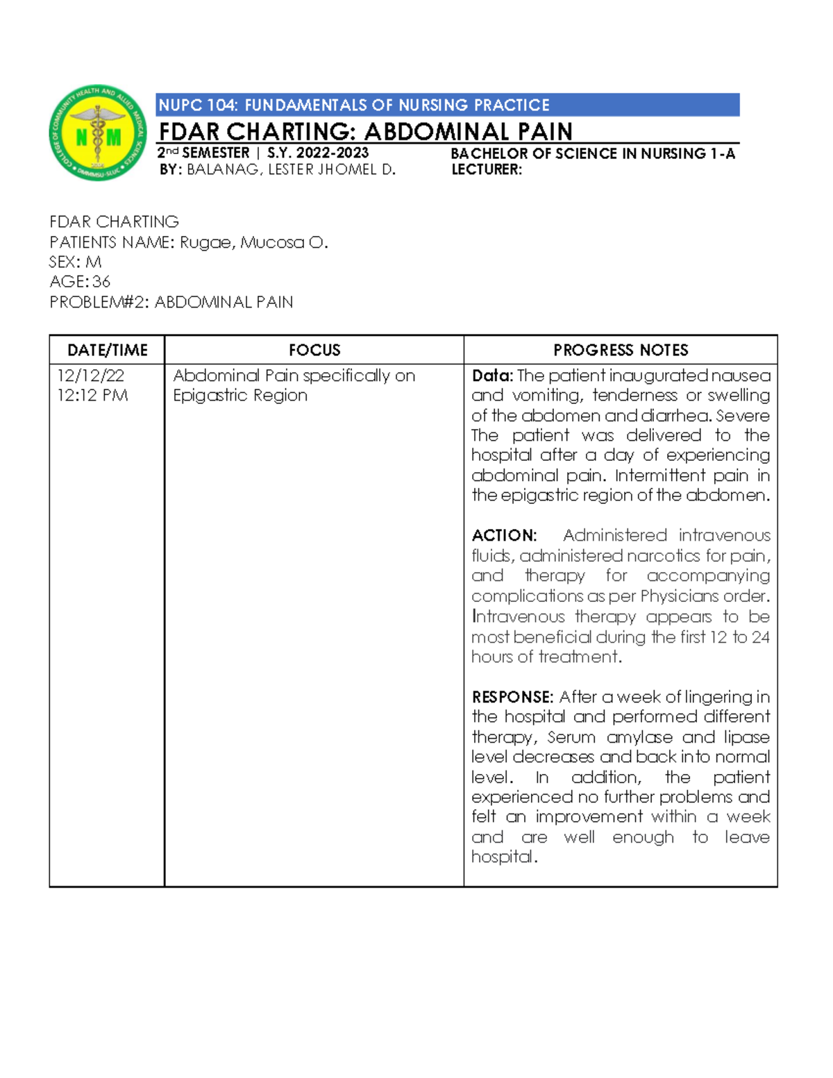FDAR CHARTING: INTERVENTIONS FOR ABDOMINAL PAIN - NUPC 104 - Studocu
