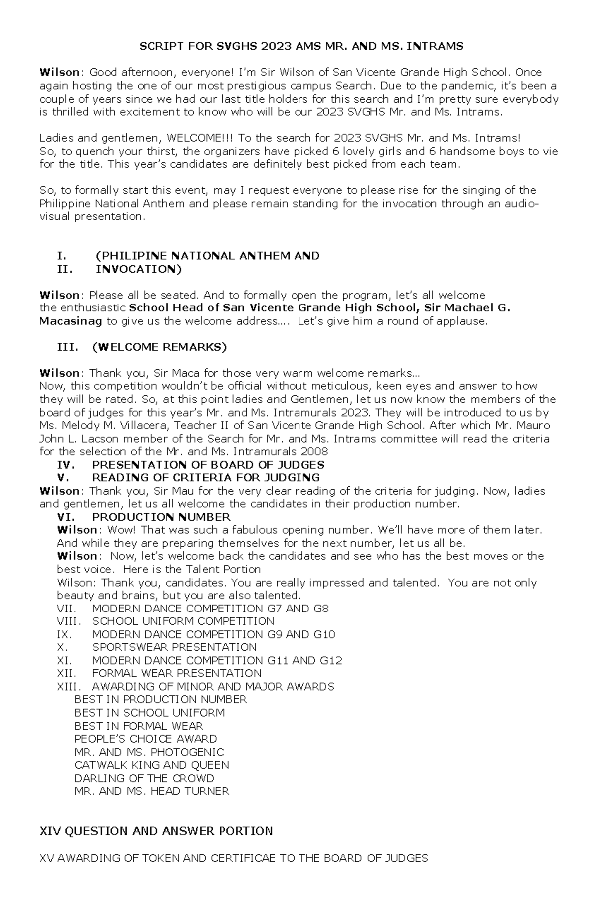 Script for SVGHS 2023 Mr. and Ms. Intrams Event - Studocu
