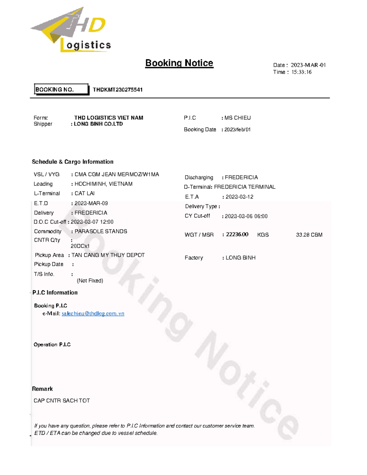 Booking Notice for Shipment THDKMT - DKK Logistics Update - Studocu