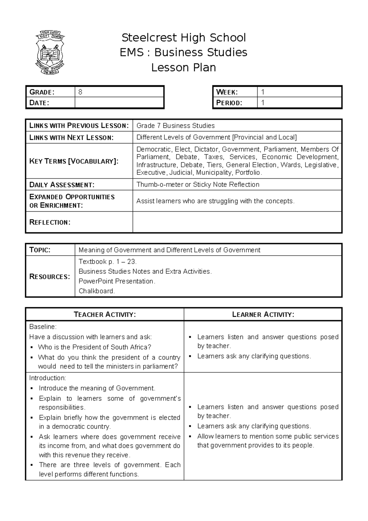 Gr. 8 Term 1 Business Studies Lesson Plan: Government & Economics - Studocu