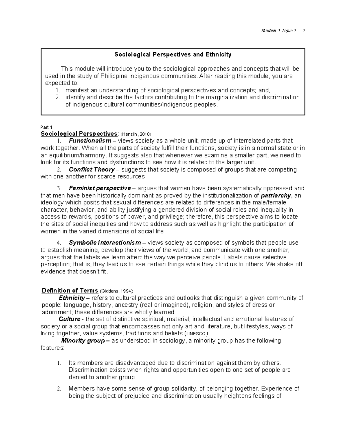 Module 1 Topic 1: Sociological Perspectives on Ethnicity - Studocu