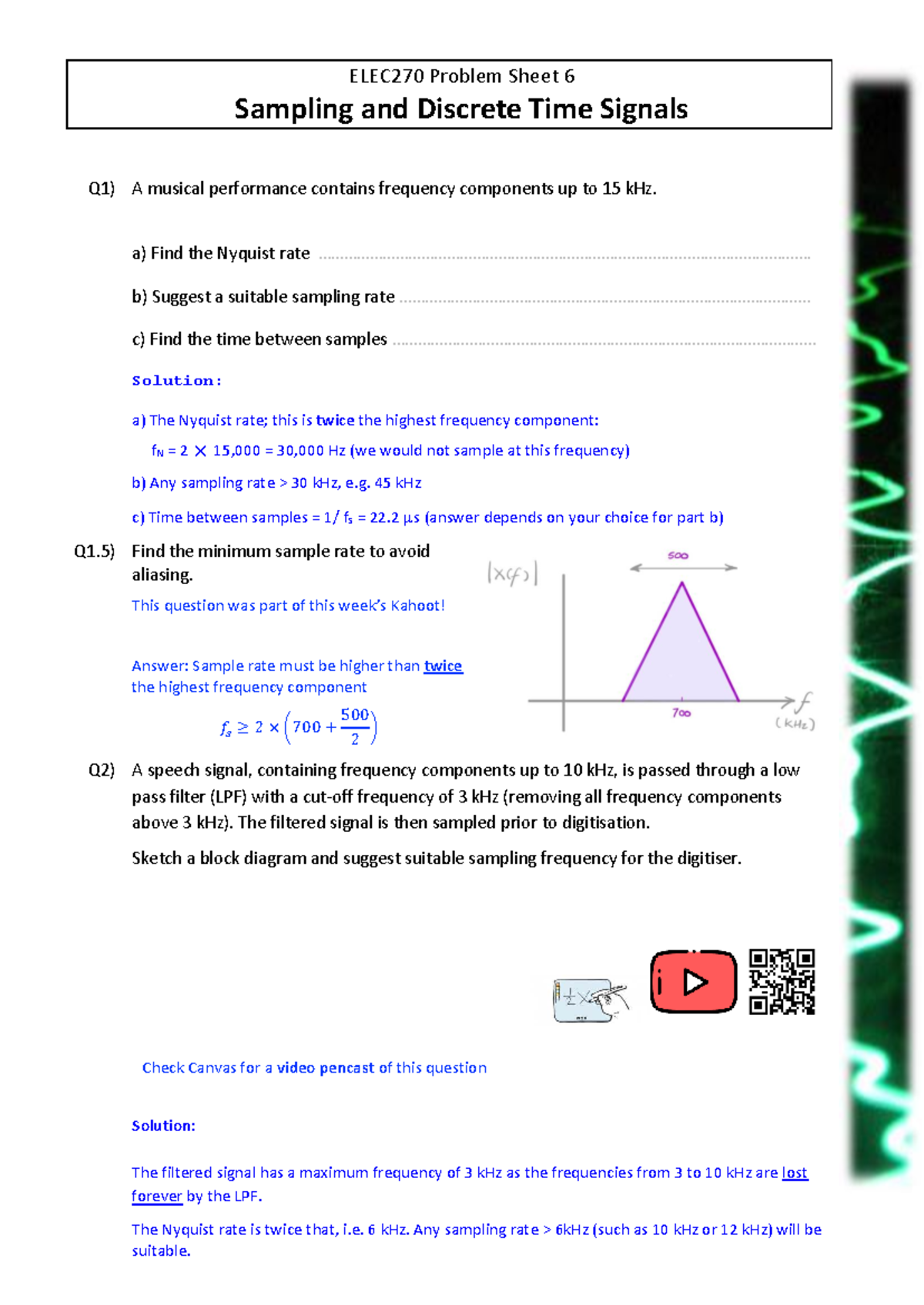 ELEC270 Problem Sheet 6: Sampling & Discrete Time Signals - Studocu