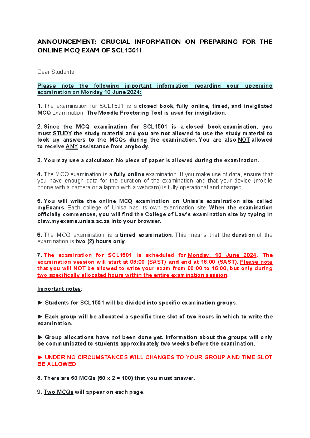 SCL1501 Online MCQ Exam Preparation Announcement - June 2024 - Studocu
