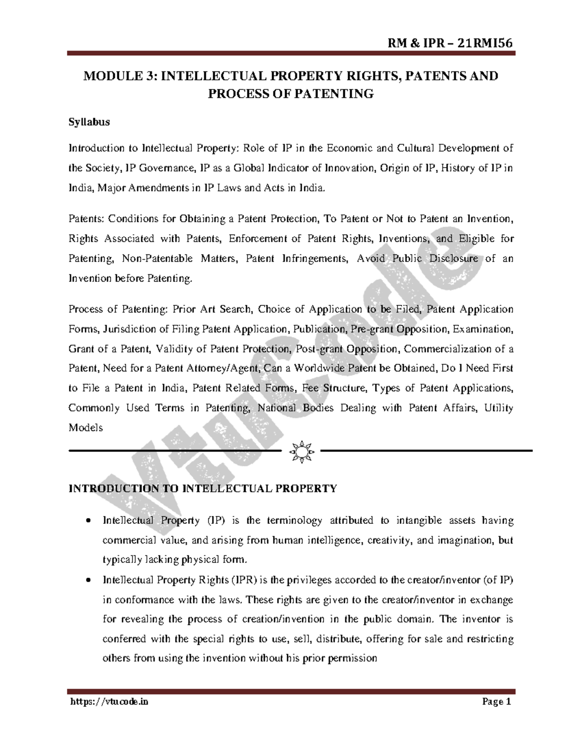 RM IPR 21RMI56 Module 3: Intellectual Property Rights & Patenting ...