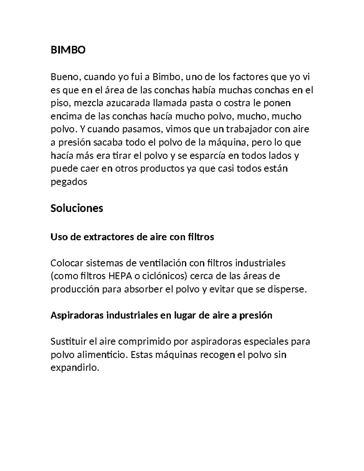 BIMBO: Soluciones para el Control de Polvo en Producción - Studocu