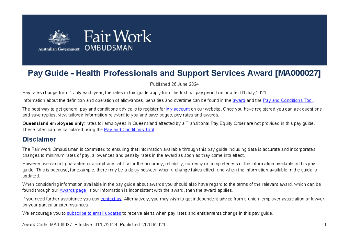 Pay Guide for Health Professionals [MA000027] - Effective 1 July 2024 ...