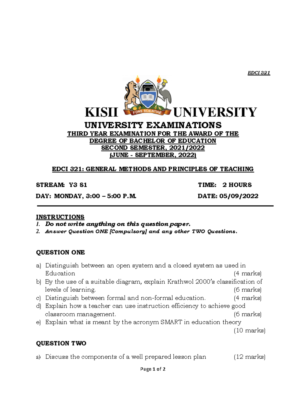 EDCI 321 - General methods and principles of teaching - Page 1 of 2 ...