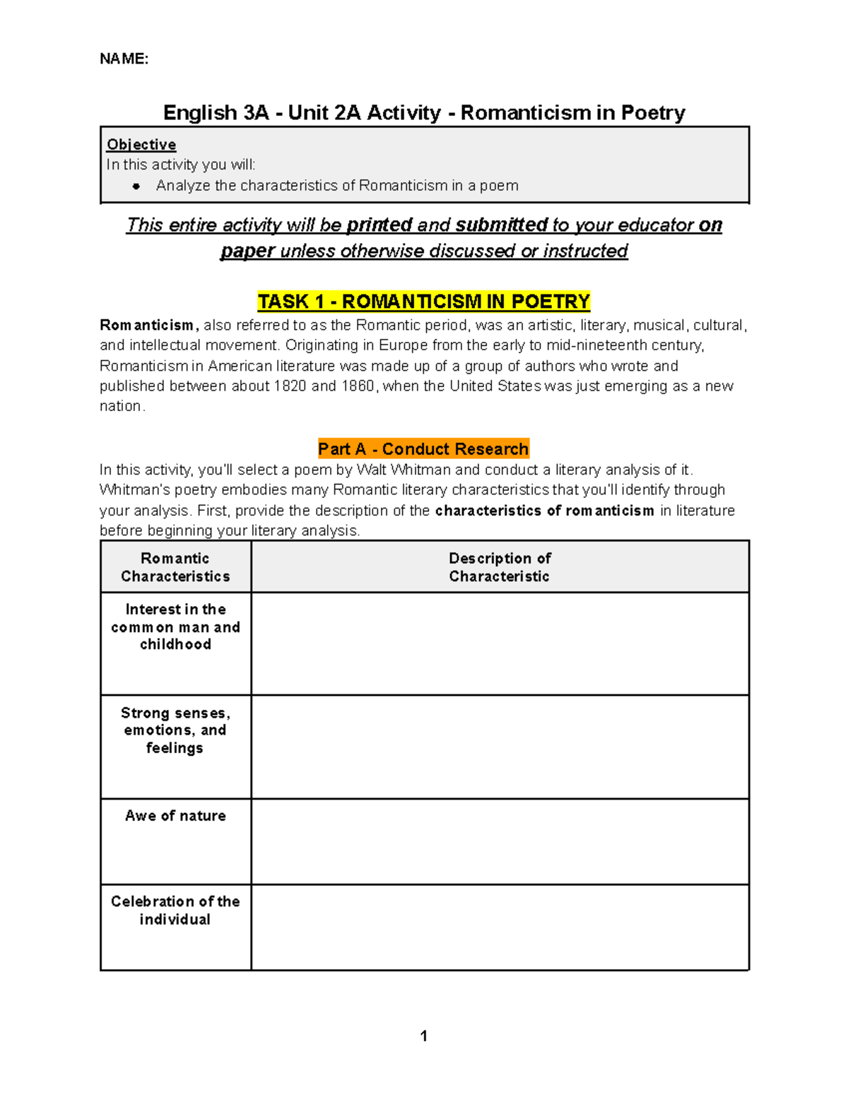 English 3A - Unit 2A Activity: Analyzing Romanticism in Whitman's ...