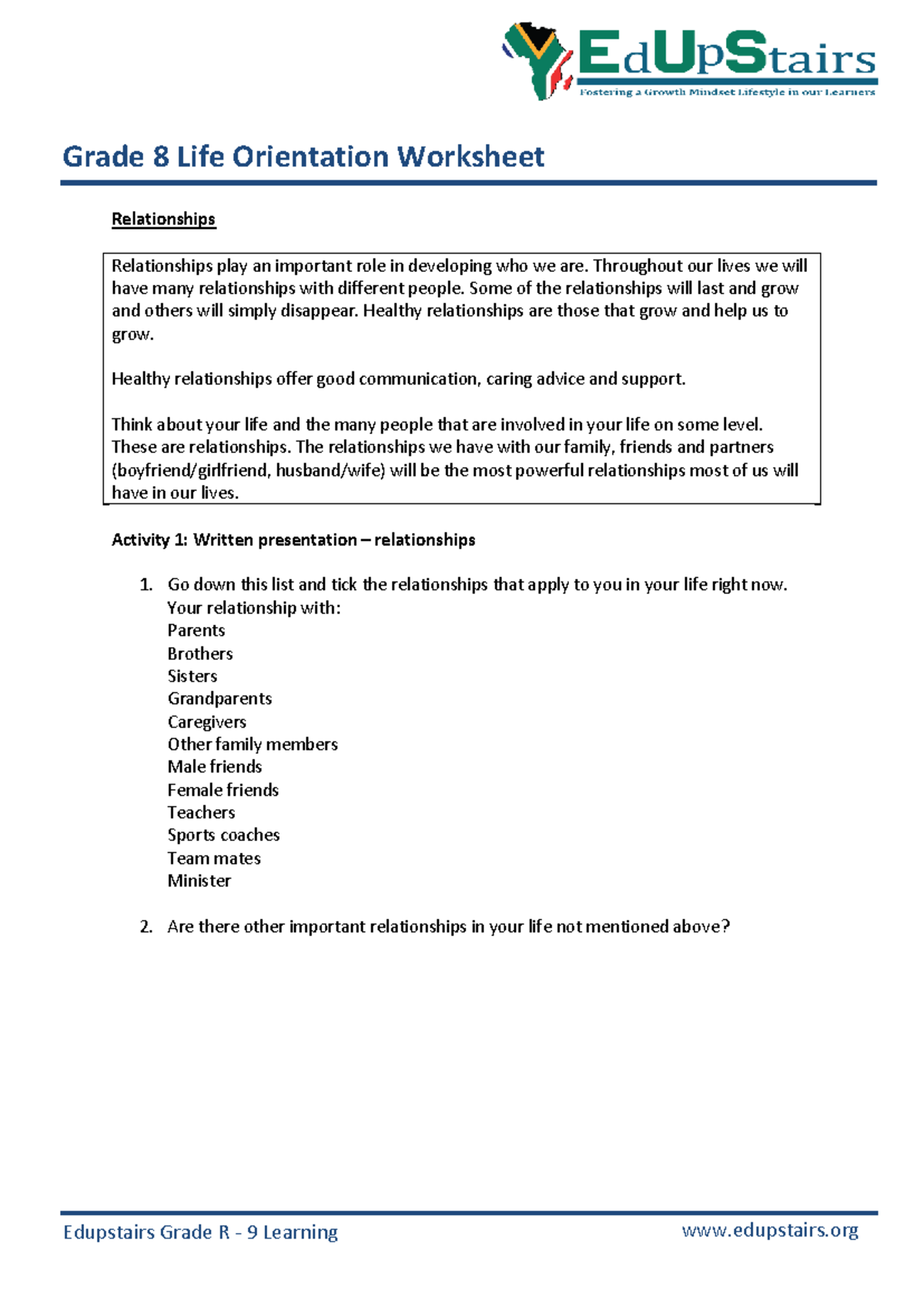 Grade 8 Life Orientation Worksheet: Understanding Relationships - Studocu