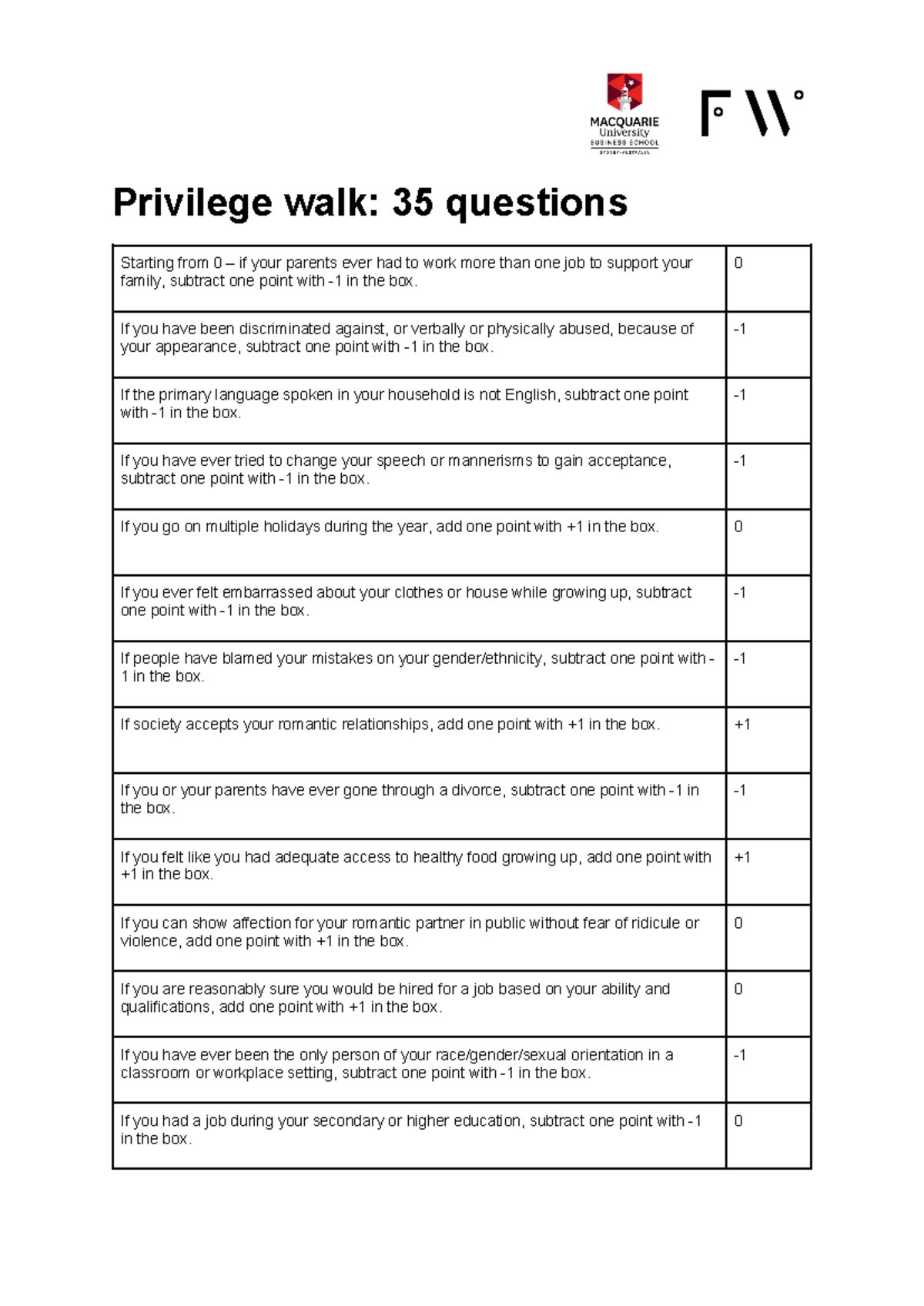 Lecture Worksheet: Privilege Walk - 35 Reflective Questions - Studocu