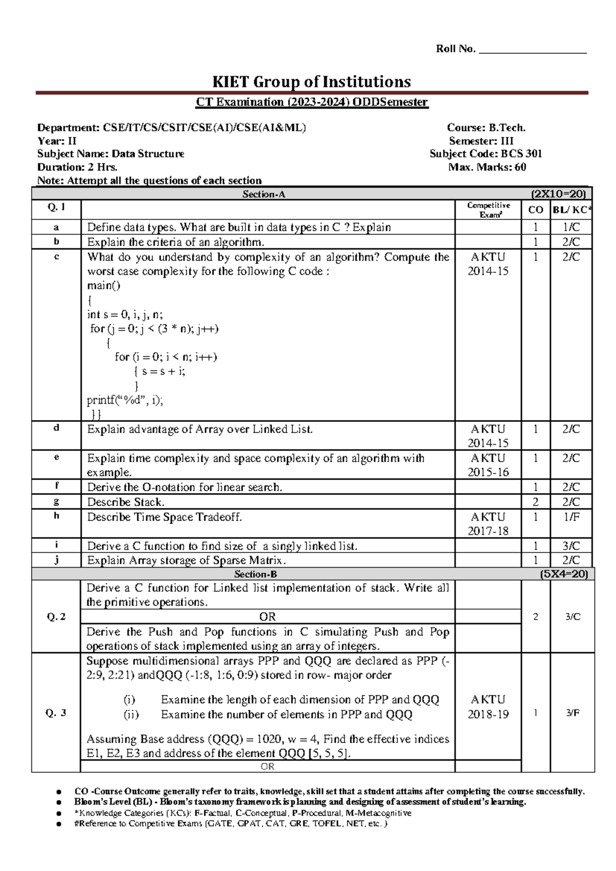 BCS 301 Data Structures CT Exam Notes - Session 2023-24 - Studocu