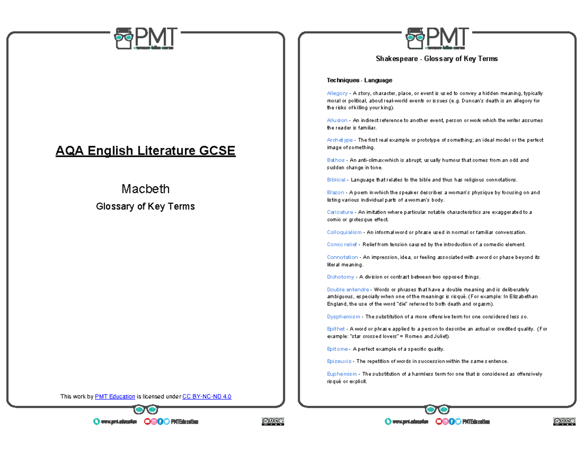 Glossary of Key Terms for Macbeth - AQA English Literature GCSE - Studocu