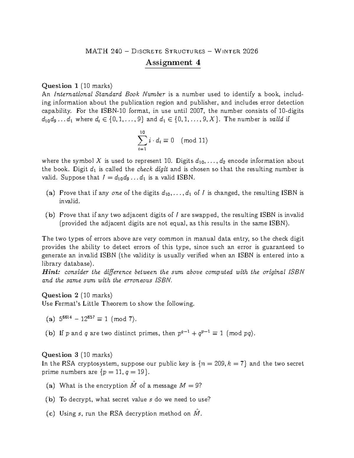 MATH 240 Discrete Structures Winter 2026 Assignment 4 Overview - Studocu