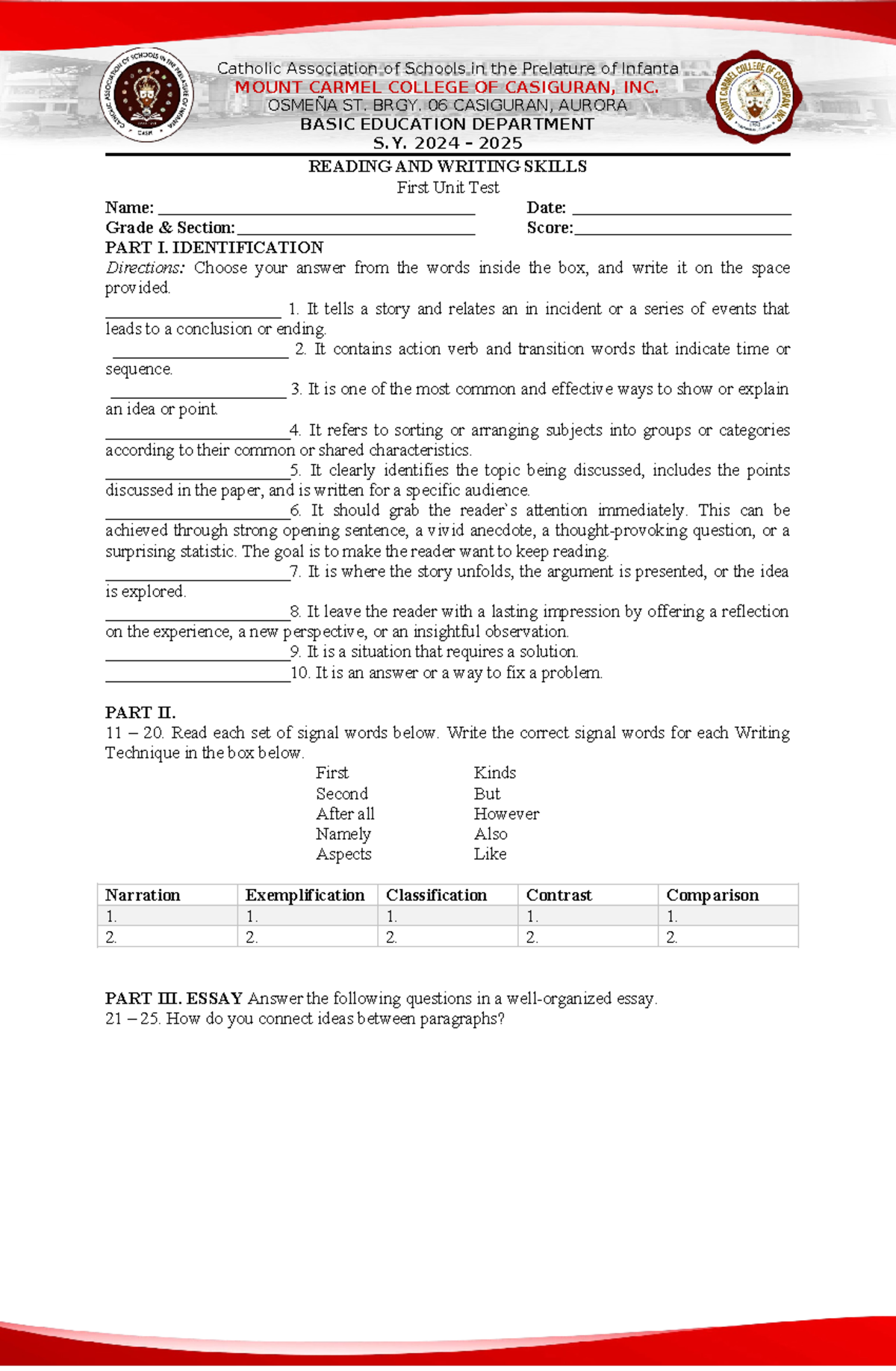 Reading and Writing Skills - Catholic Association of Schools in the ...