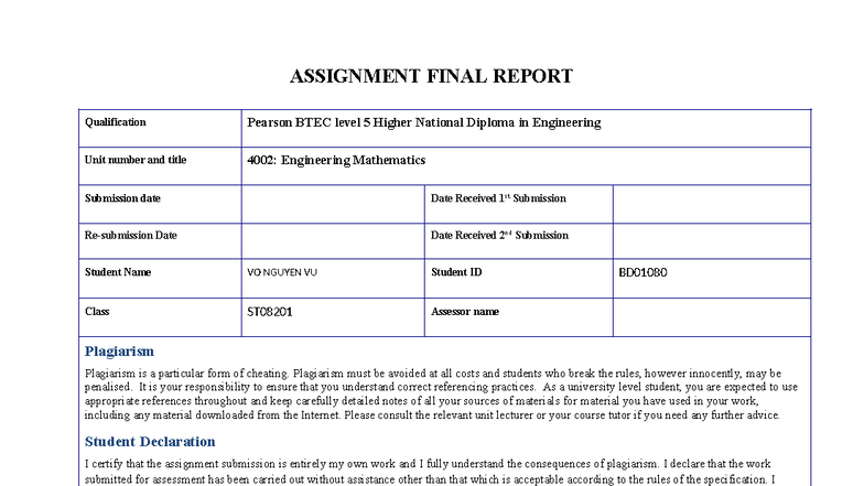 Engineering Mathematics ASM Final Report - BTEC Level 5 HND Unit 4002 ...