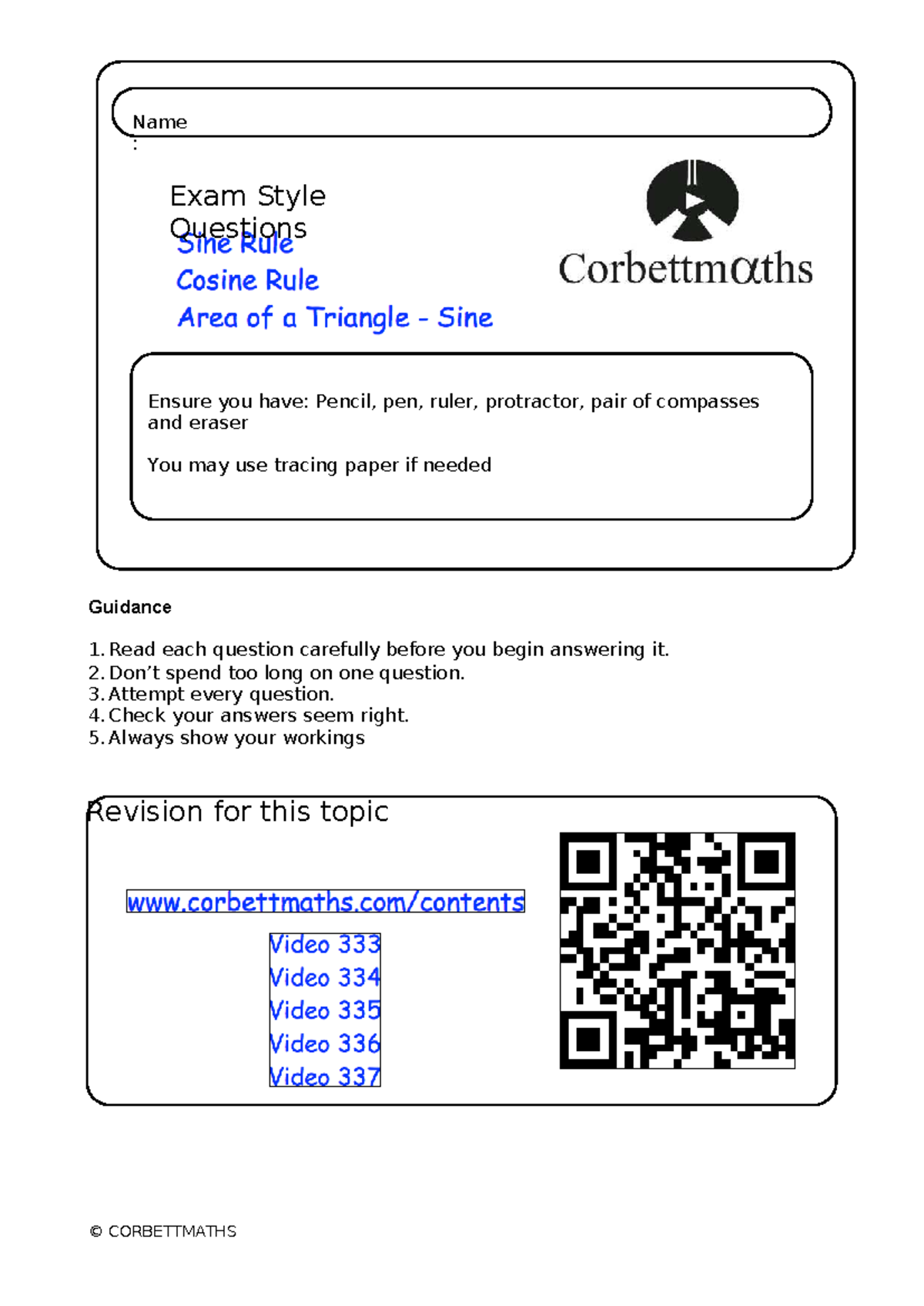 Exam Style Questions on Sine and Cosine Rule (CORBETTMATHS 2014) - Studocu