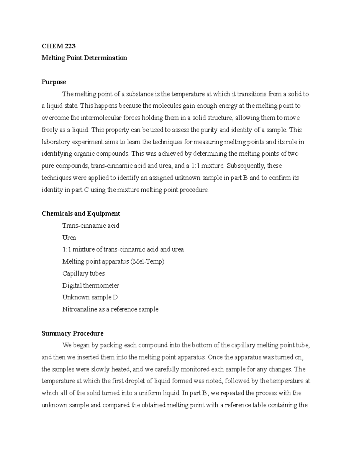 CHEM 223 Lab Report: Melting Point Determination Experiment - Studocu