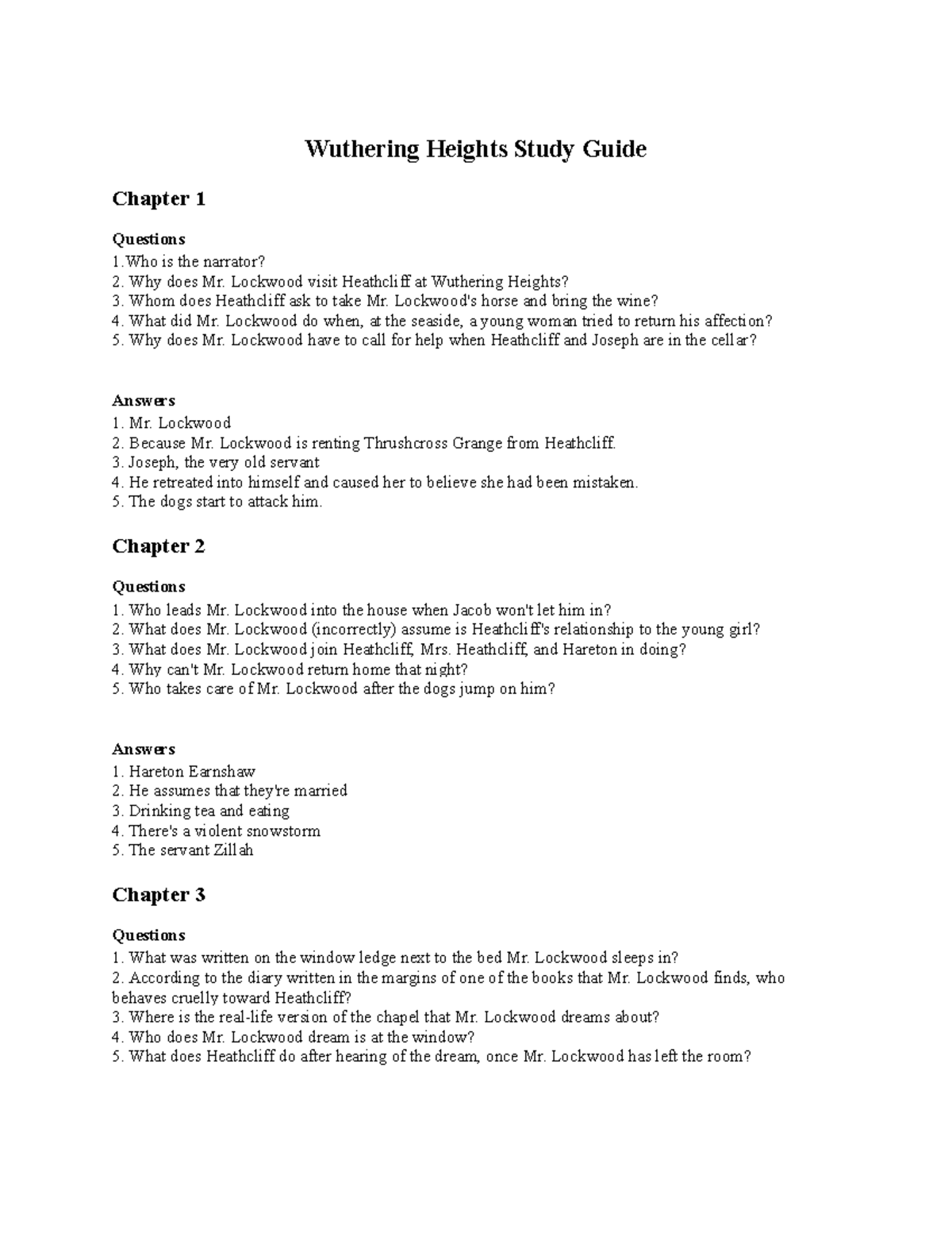 Wuthering Heights Study Guide - Why does Mr. Lockwood visit Heathcliff ...