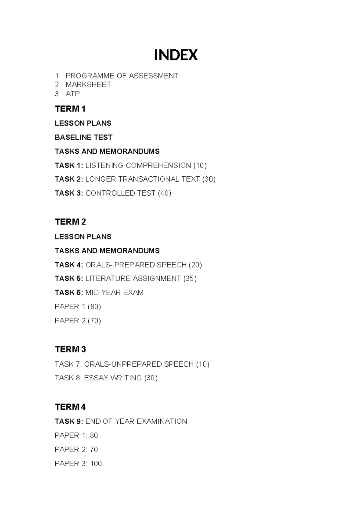 Index 2024 Sepedi - INDEX 1. PROGRAMME OF ASSESSMENT 2. MARKSHEET 3 ...