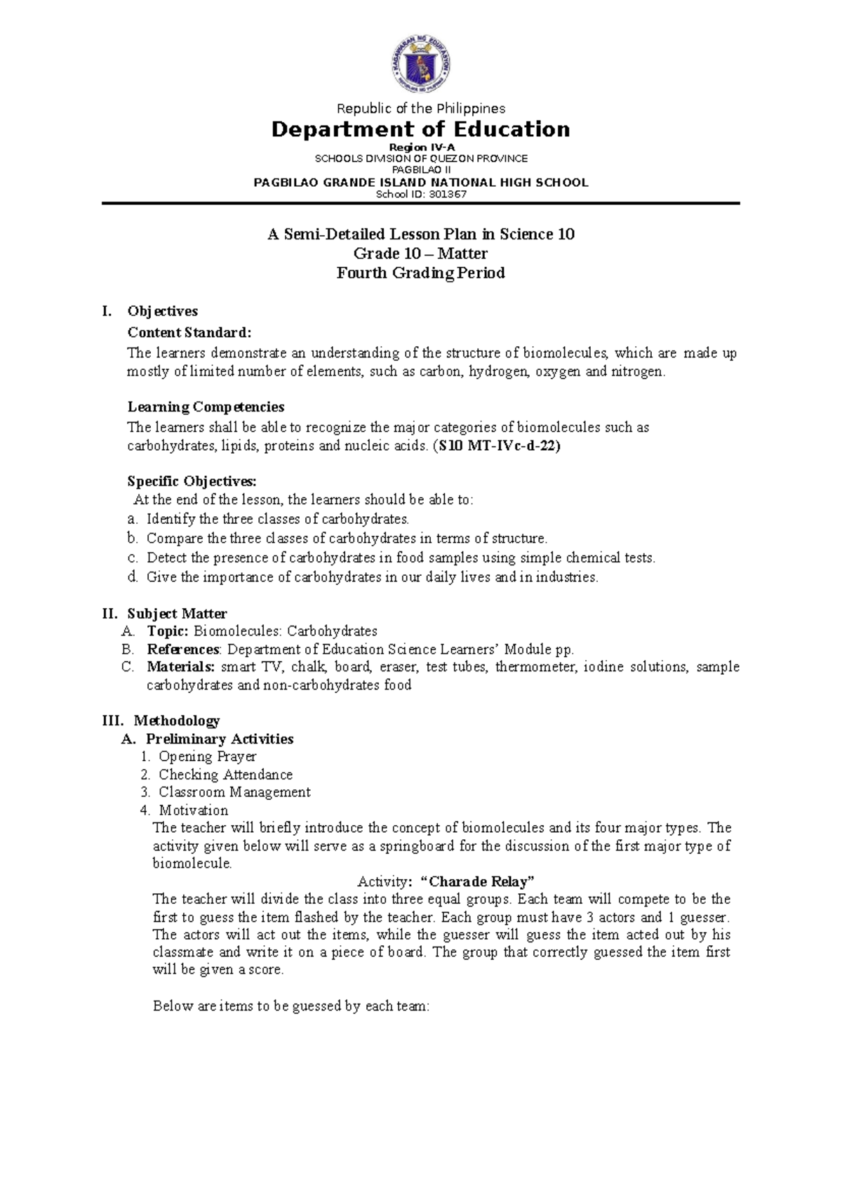 Semi-Detailed Lesson Plan on Carbohydrates - Science 10 (Fourth Grading ...