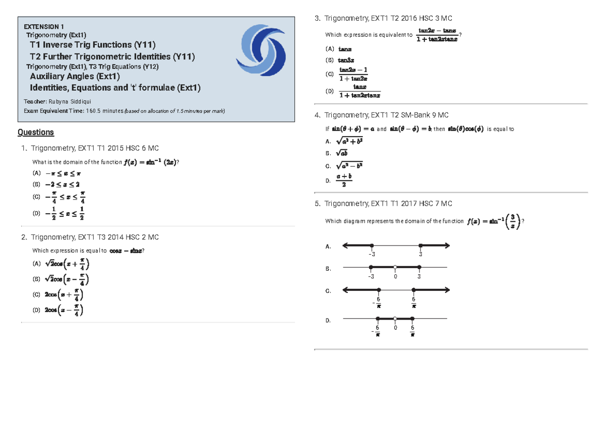 Trigonometry EXT1 HSC Exam Questions Compilation and Analysis - Studocu