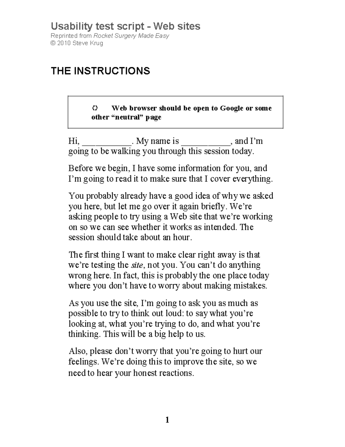 Usability Test Script for Web Sites: Instructions & Tasks by Steve Krug ...