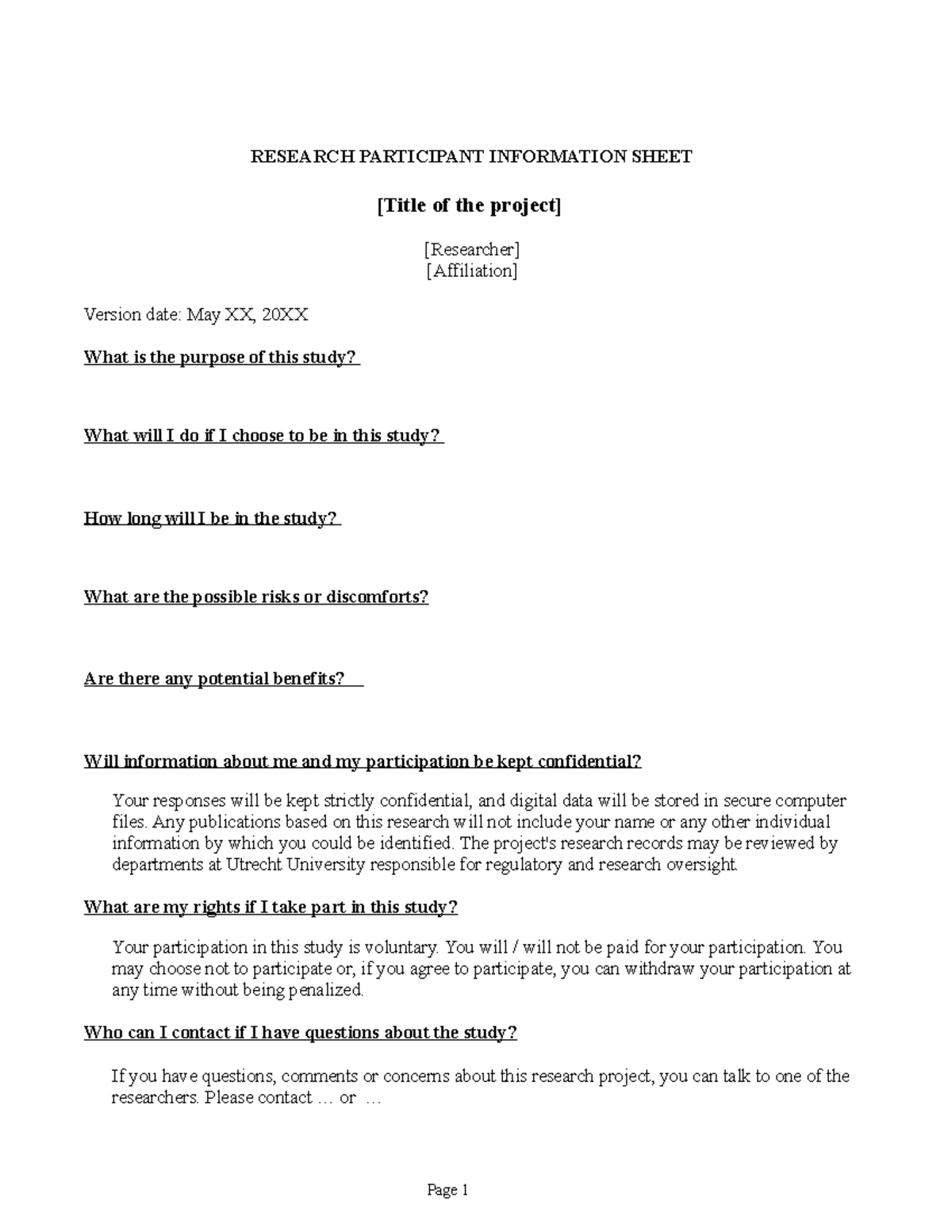 Standard Participant Information Sheet for Research Study - Studeersnel
