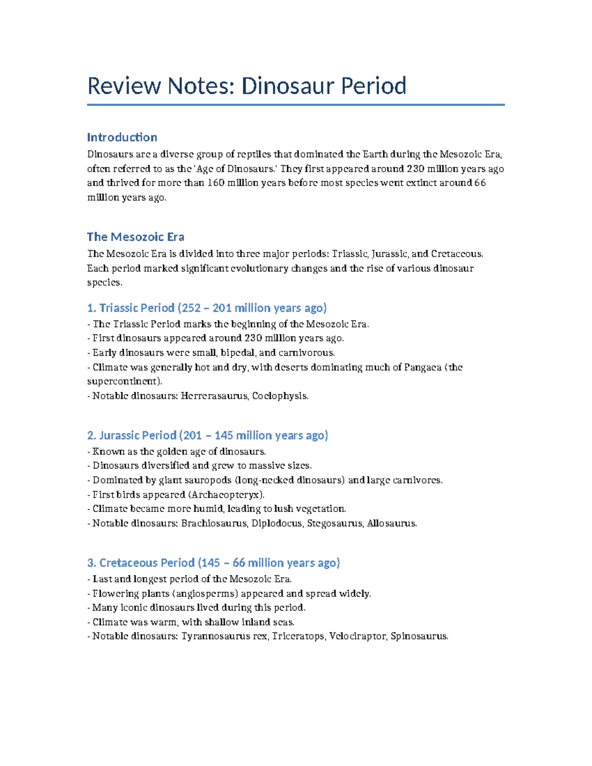 Dinosaur Period Review Notes: Mesozoic Era Overview - Studocu