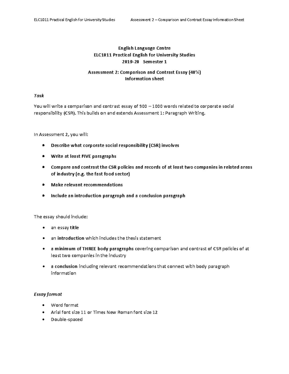 ELC1011 Assessment 2: Guide for Comparison & Contrast Essay on CSR ...