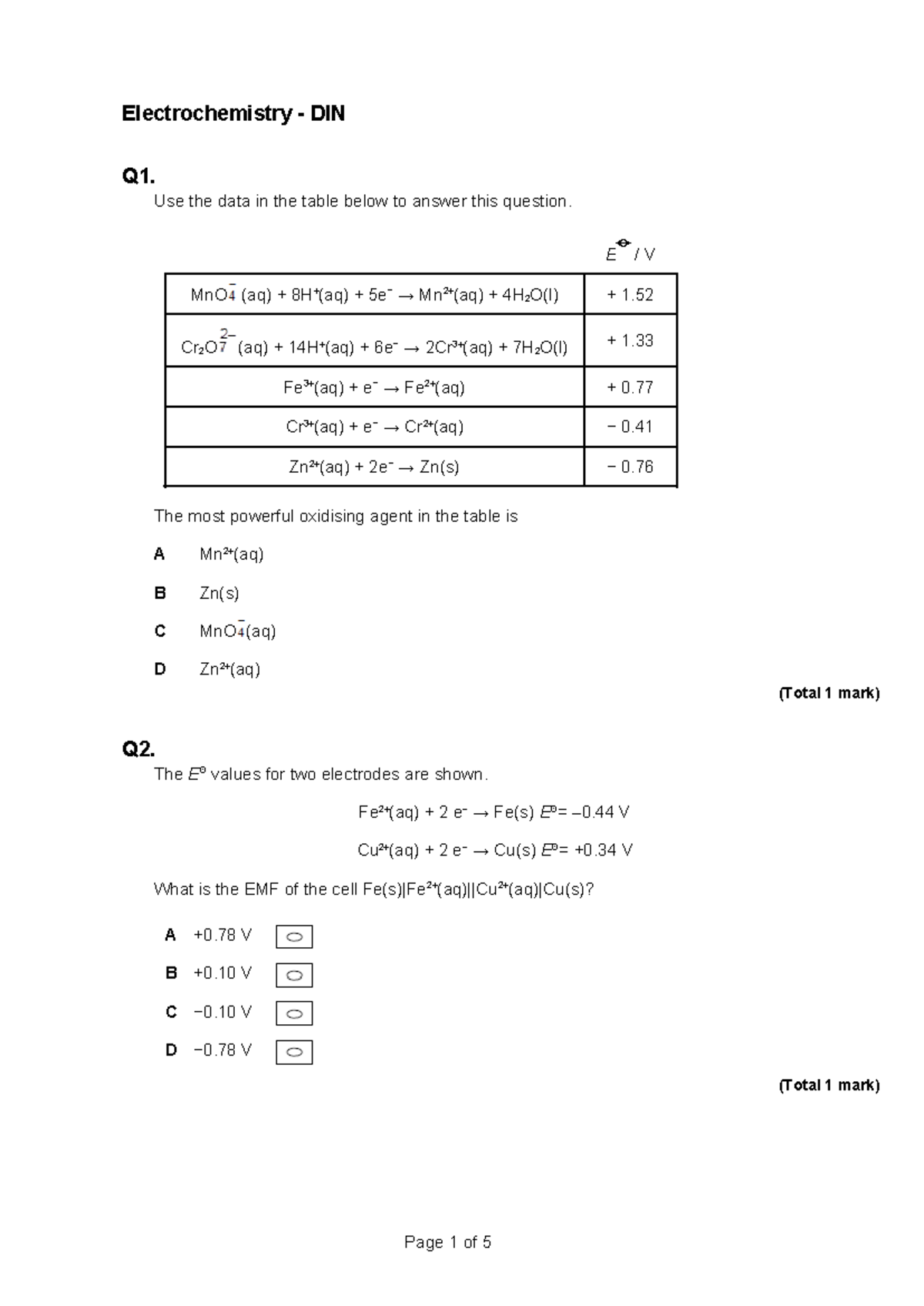 Electrochemistry Exam Practice Questions - CHEM 301 - Studocu