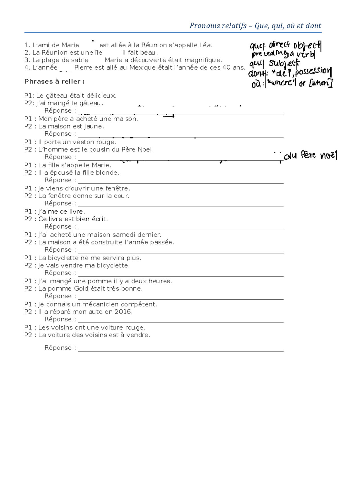 Exercice pratique sur les pronoms relatifs en classe - Studocu