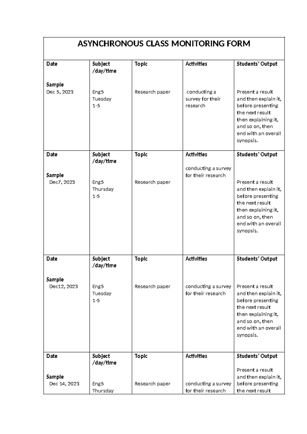 ENG5 Asynchronous Class Monitoring & Research Paper Activities - Studocu