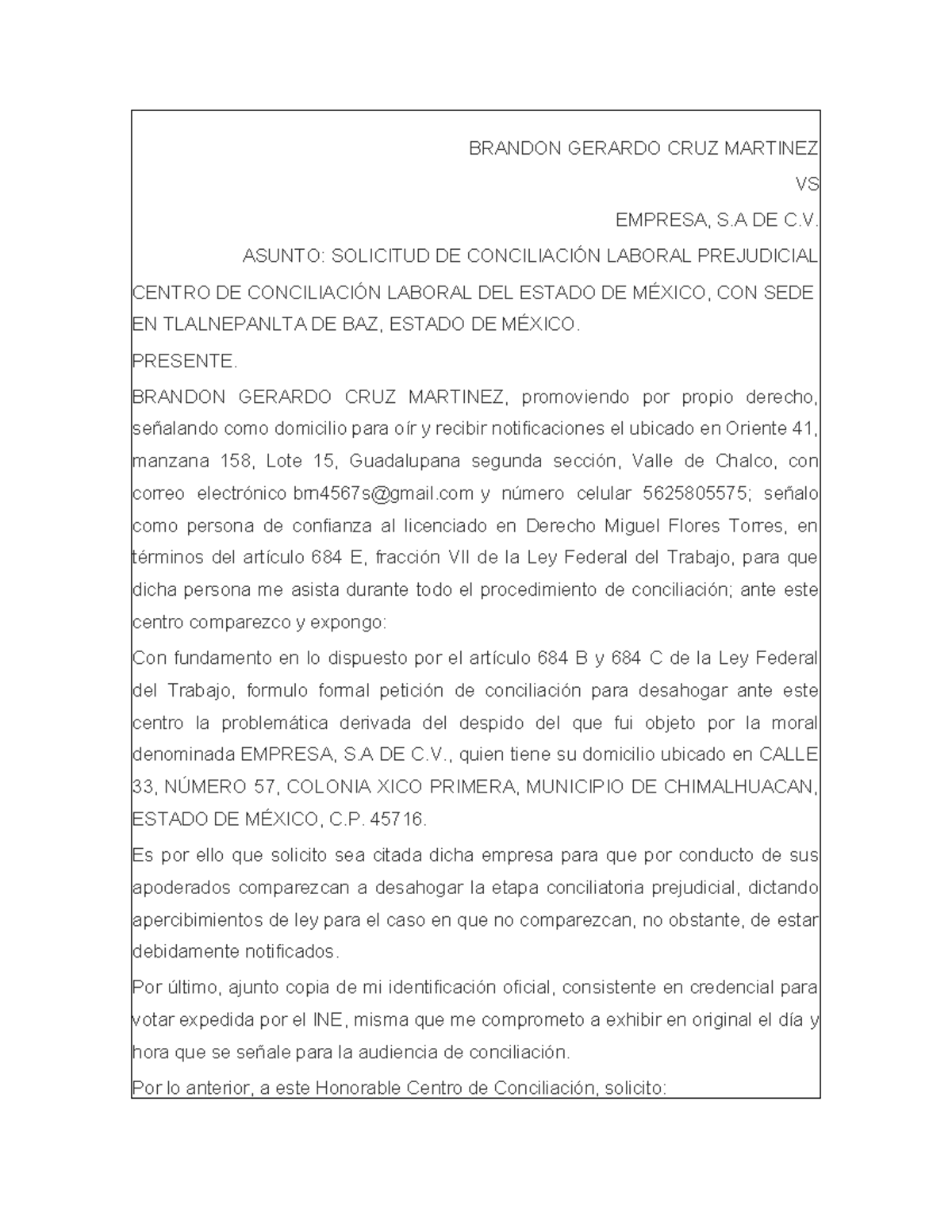 Solicitud de Conciliación Laboral Prejudicial - Caso Brandon Cruz - Studocu