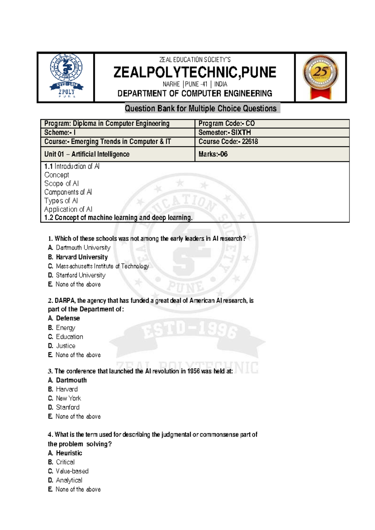 **MCQ Bank for Computer Engineering Exam - CO 22618** - Studocu