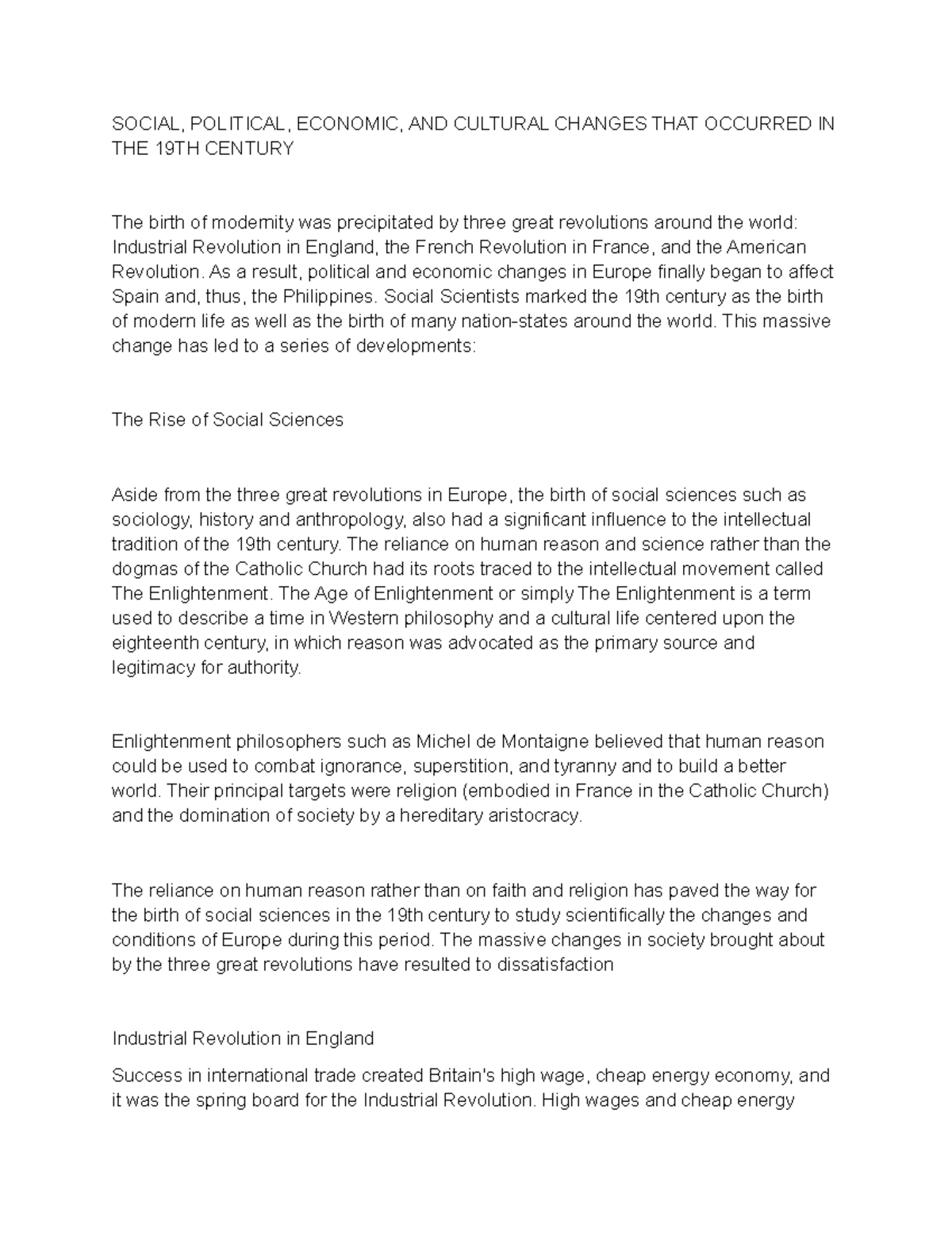 19th Century Socio-Political Changes and Rizal's Influence - Studocu