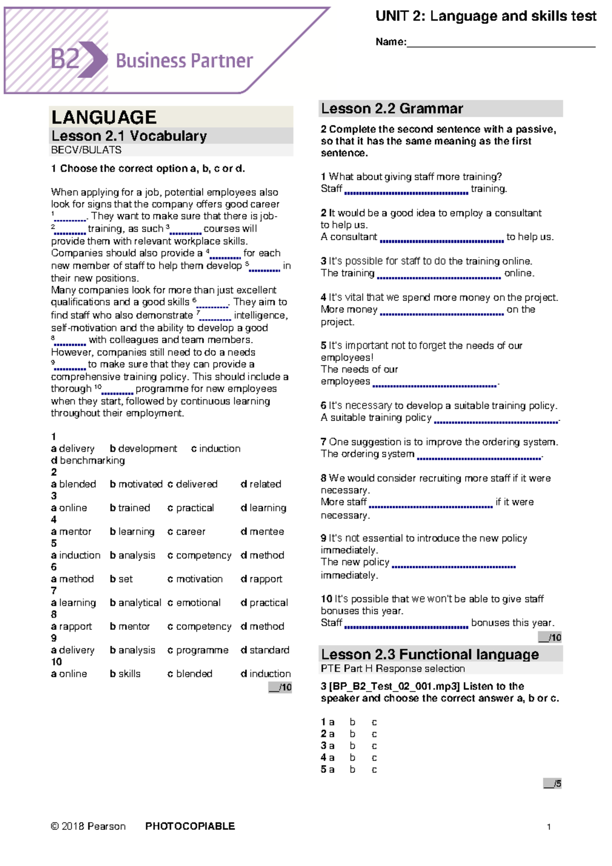BP B2 Unit 2 Tests - Vocabulary, Grammar & Functional Language - Studocu
