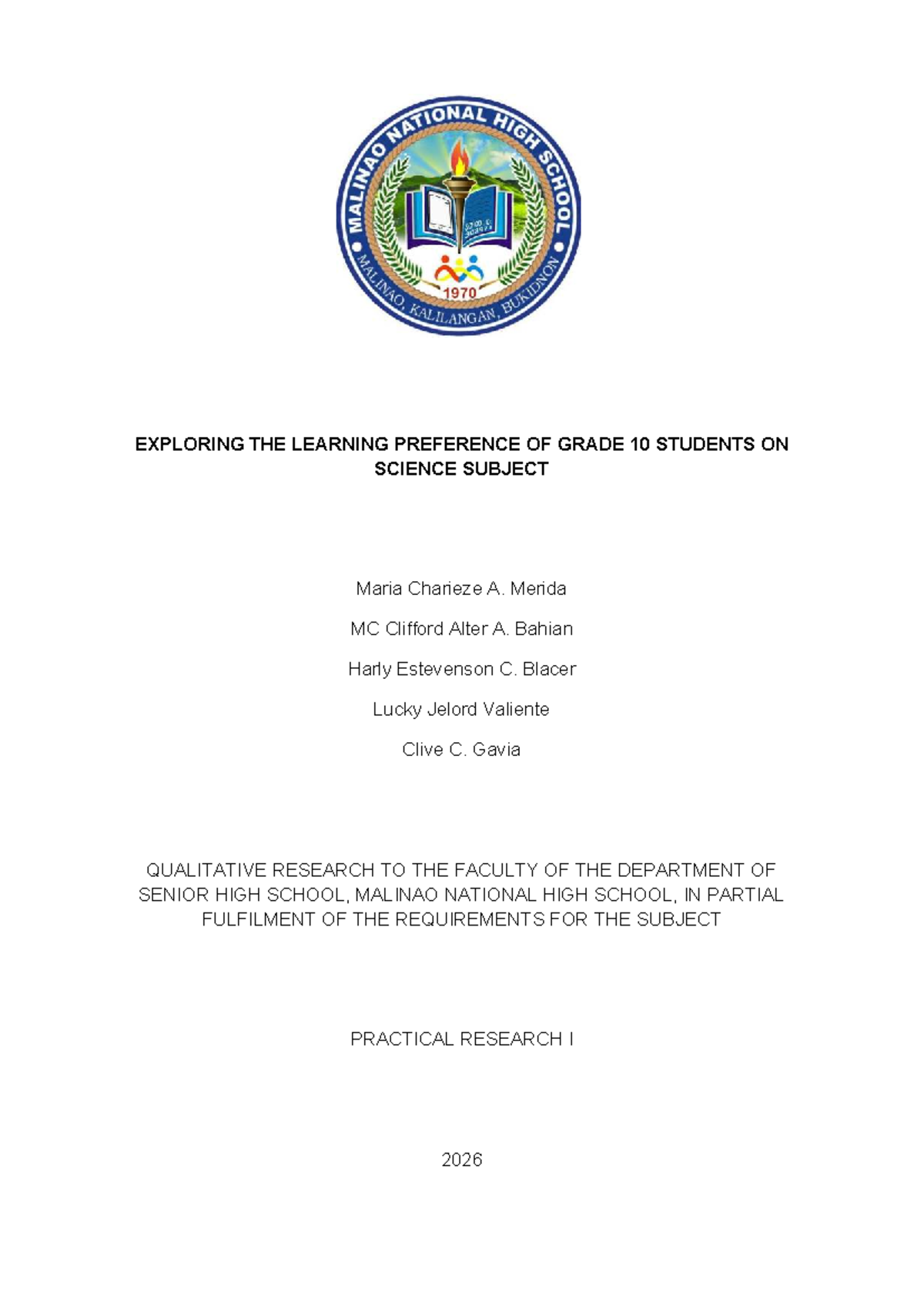 Exploring Grade 10 Students' Learning Preferences in Science (PRAC-1 ...