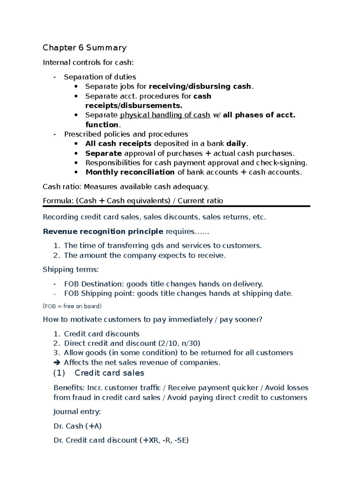 Chapter 6 Summary - Chapter 6 Summary Internal controls for cash ...