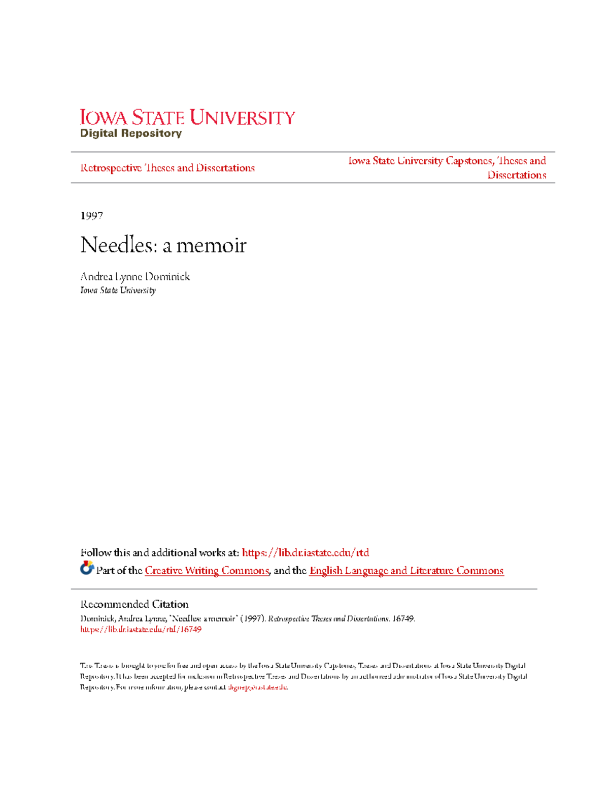 Needles: A Memoir (1997) - Andrea Lynne Dominick's Thesis - Studocu