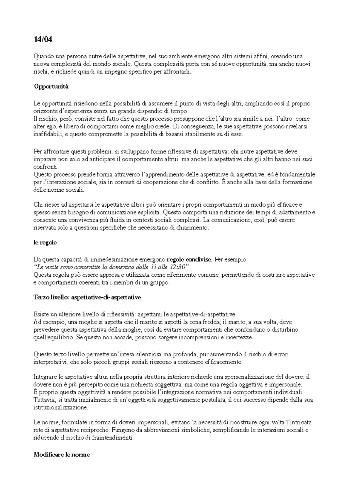 Sociologia 14 Aprile - Appunti Lezione su Aspettative e Norme Sociali ...