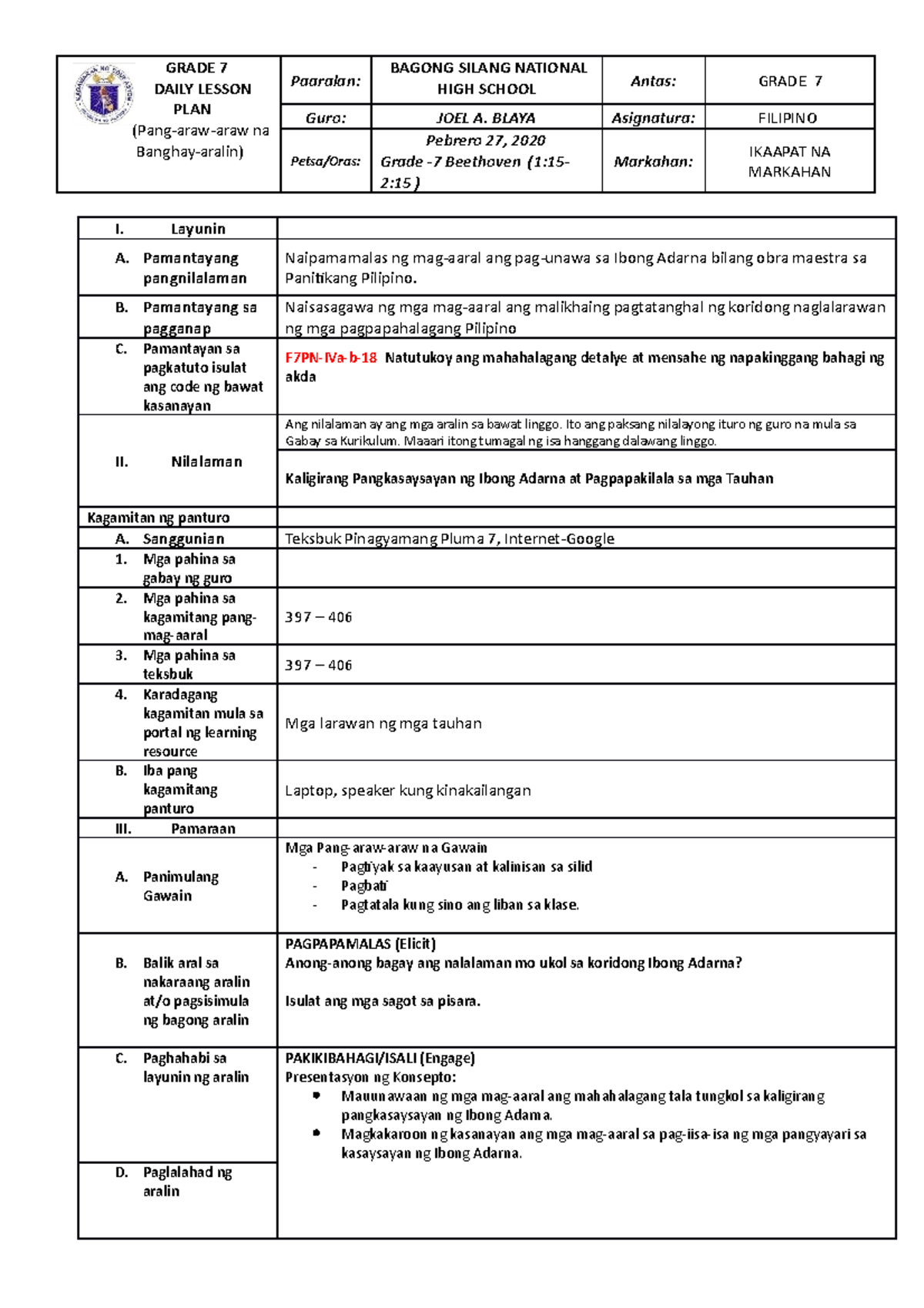 DLP for COT fil 7 - filipino - GRADE 7 DAILY LESSON PLAN (Pang-araw ... DLP for COT fil 7 - filipino - GRADE 7 DAILY LESSON PLAN (Pang-araw ...