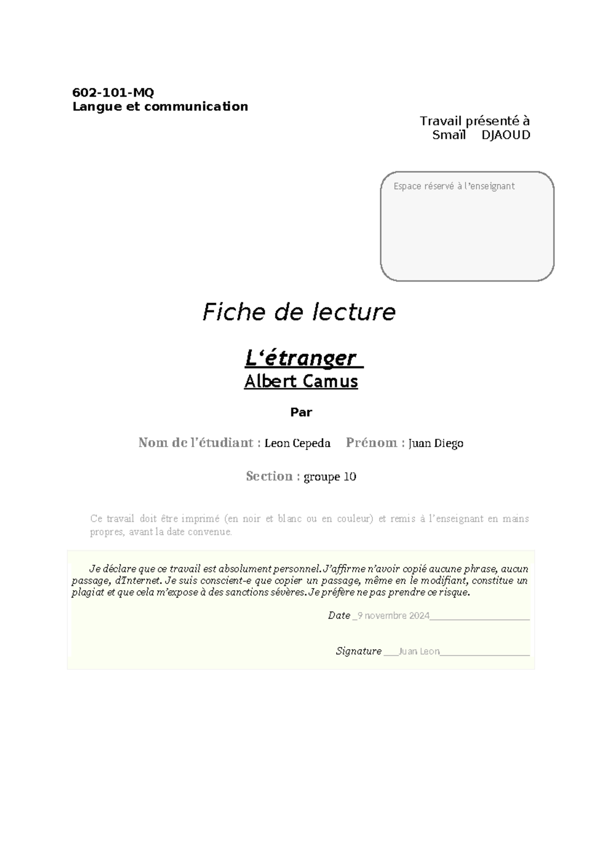 Fiche de Lecture sur "L'Étranger" d'Albert Camus - Groupe 10 - Studocu