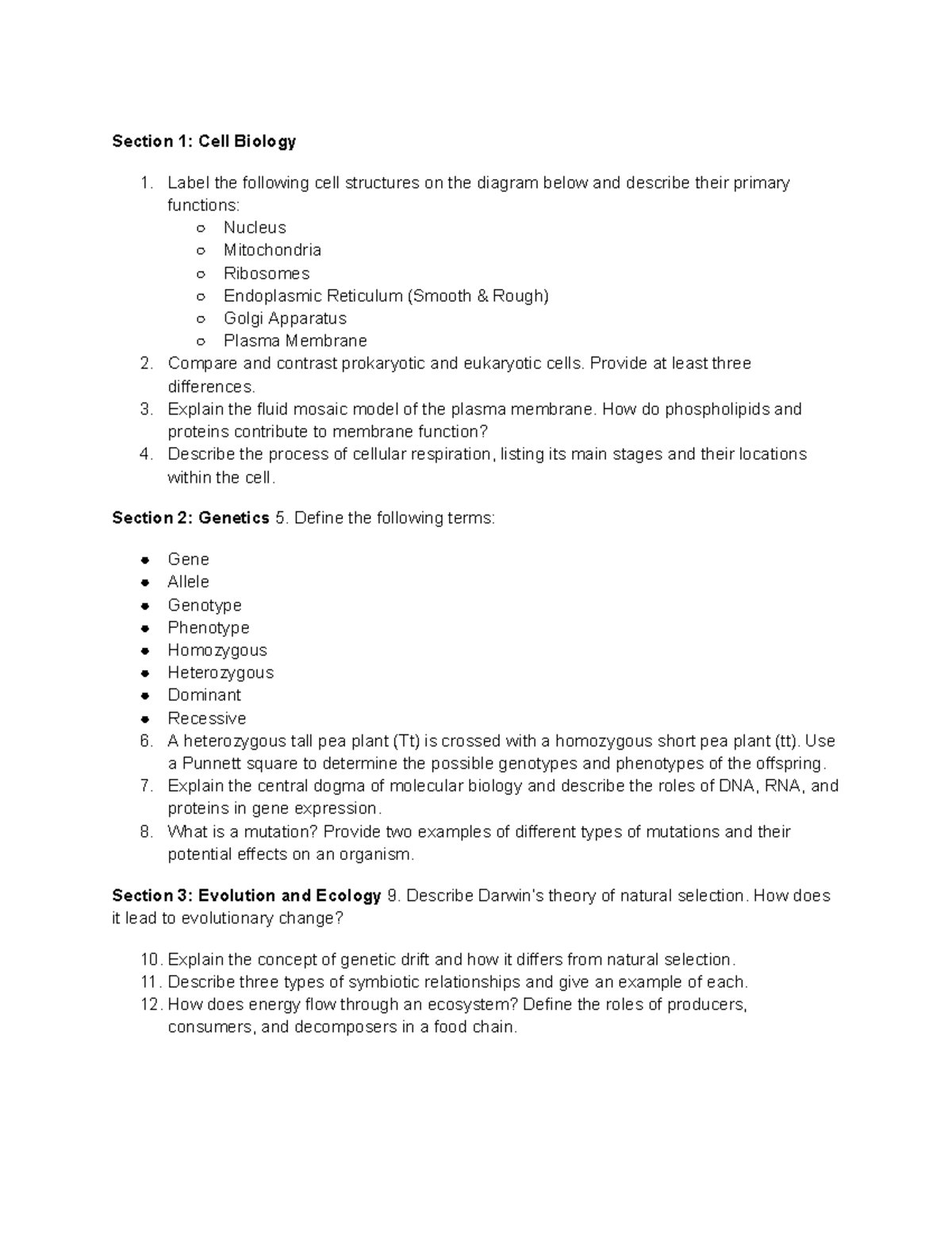 Biology midterm review - Section 1: Cell Biology Label the following ...