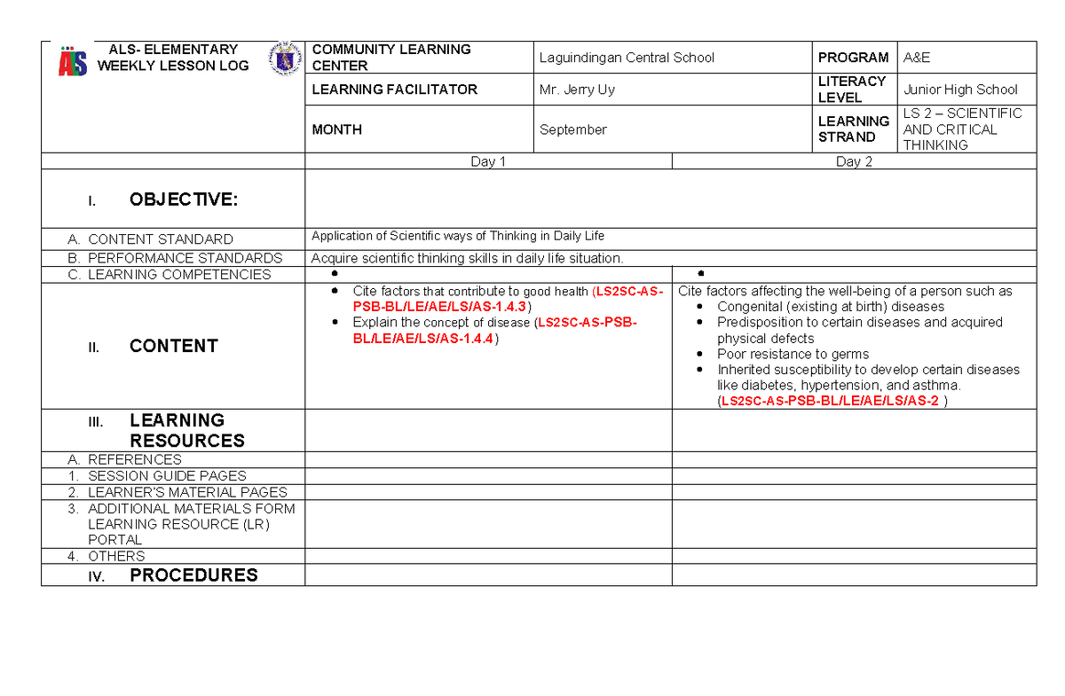LS2 WLL WEEK 4 - Junior High School Lesson Log on Health Concepts - Studocu