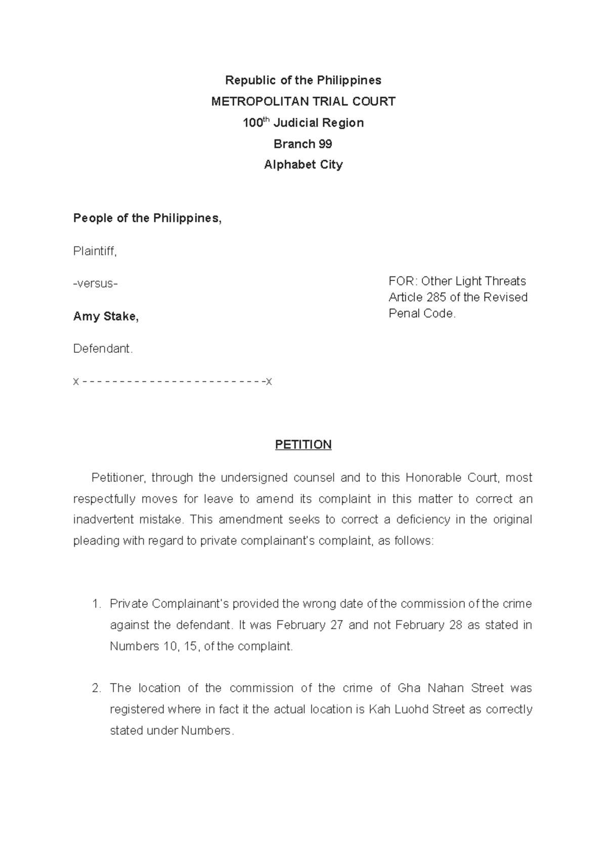 Sample Motion to Amend Complaint - People's Case vs. Amy Stake - Studocu