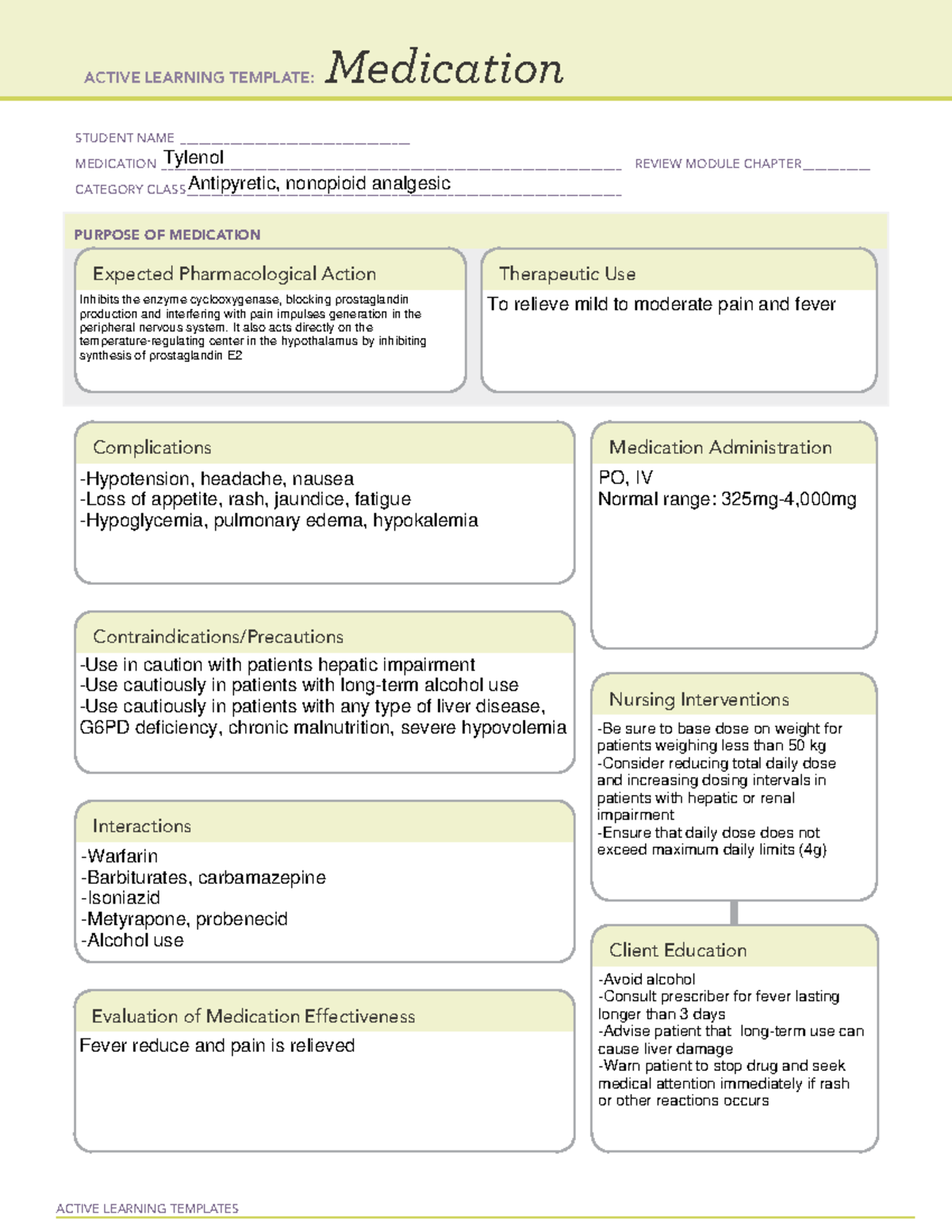 Tylenol ATI new - ATI medication template - ACTIVE LEARNING TEMPLATES ...